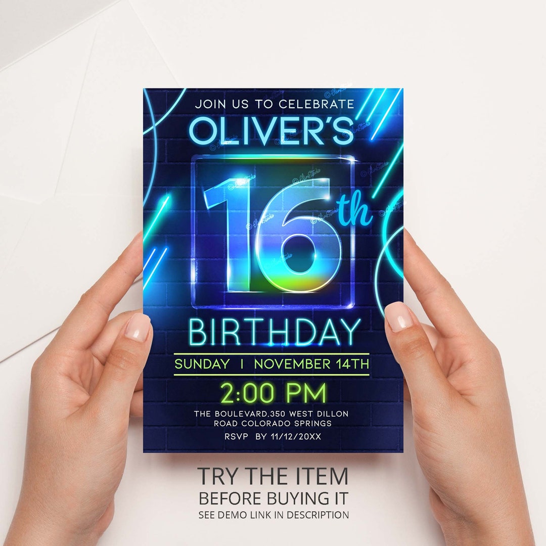 16th Birthday Boys Neon Birthday Invitation Template Boy 16th Birthday ...