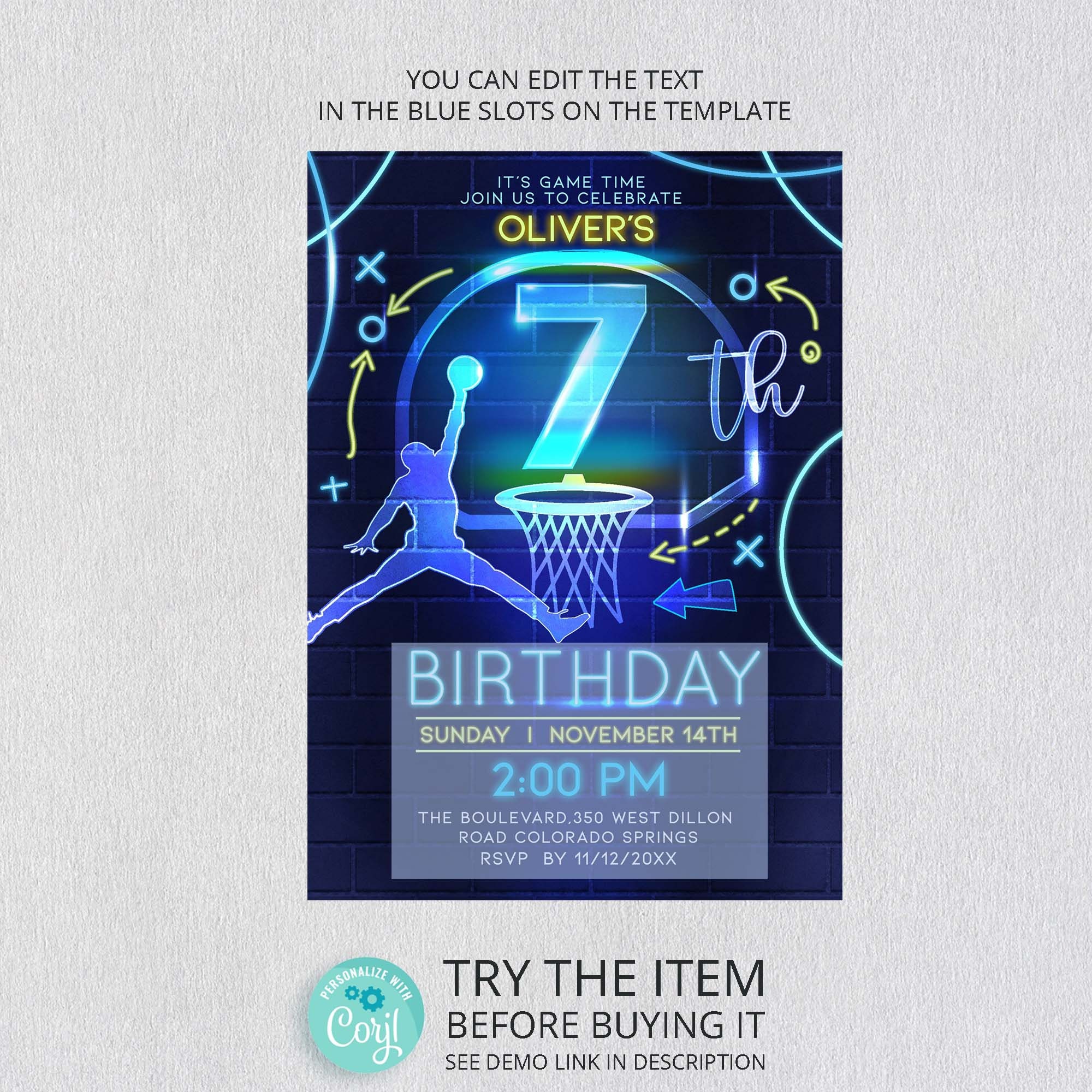 Neon Basketball Invitation Template 7th Birthday Sports Party - Etsy