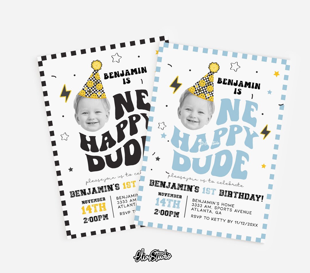 ONE Happy Dude Birthday Invitation, Custom Invitation, Personalized ...