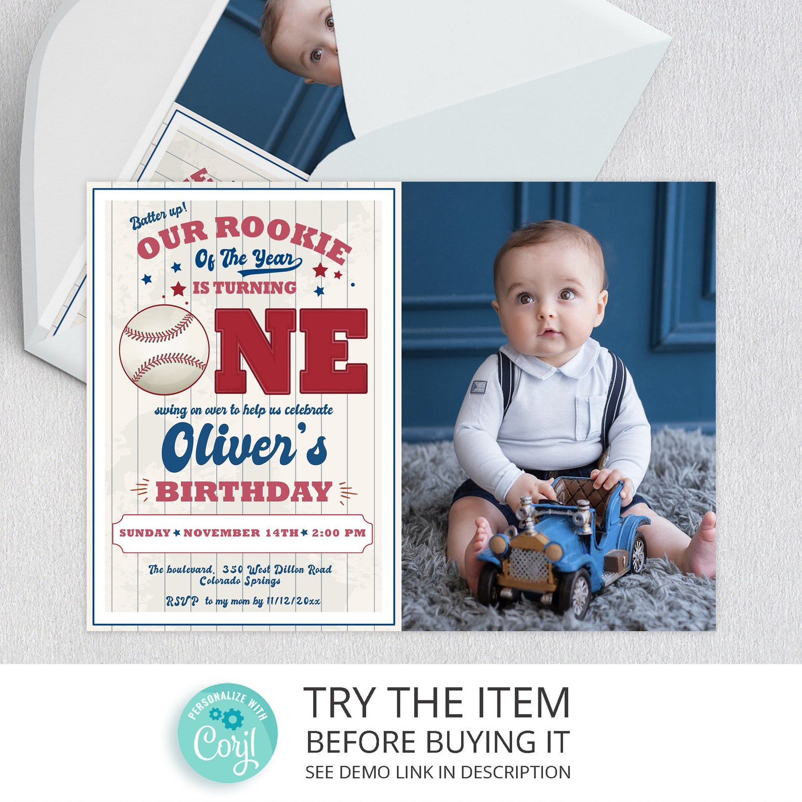 Rookie of the Year First Birthday Invitation Baseball - Etsy