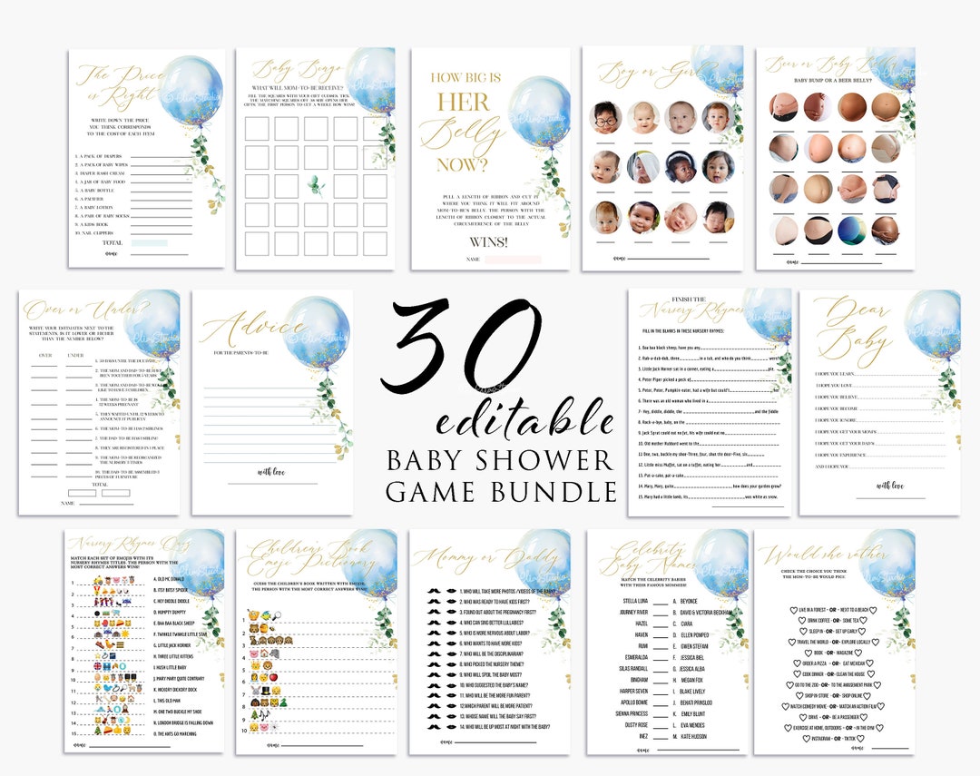 Blue Balloon Editable Baby Shower Games Printable Eucalyptus Shower ...