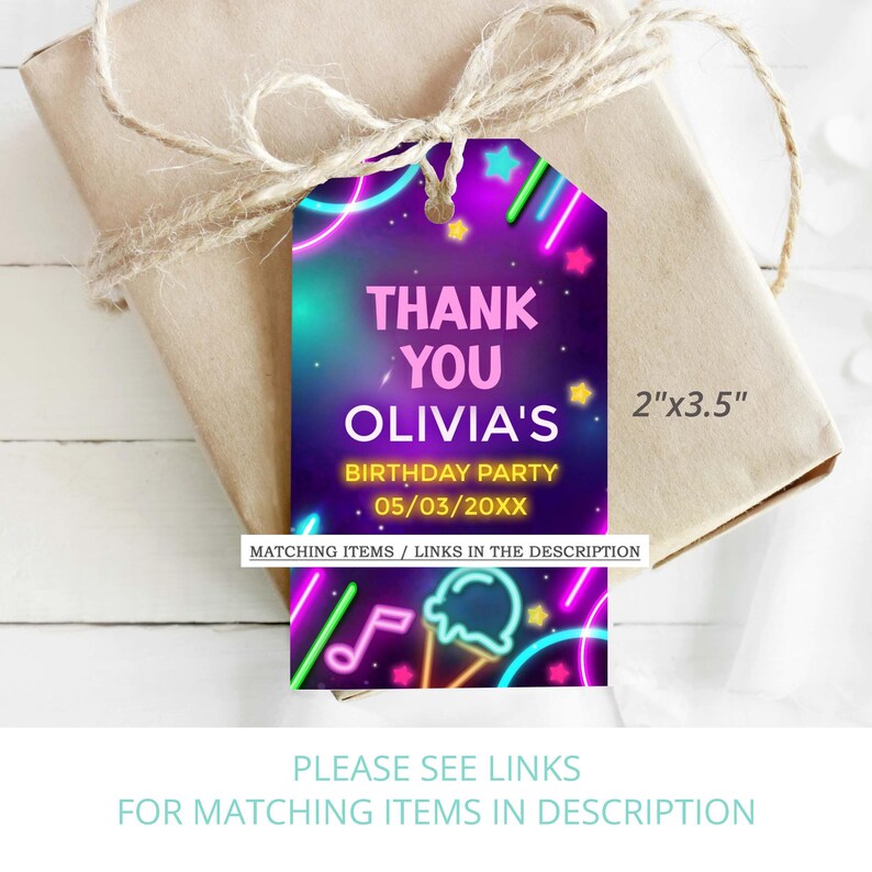 Neon Birthday Glow Thank You Tag Template, Let's Glow Crazy Girls Neon ...