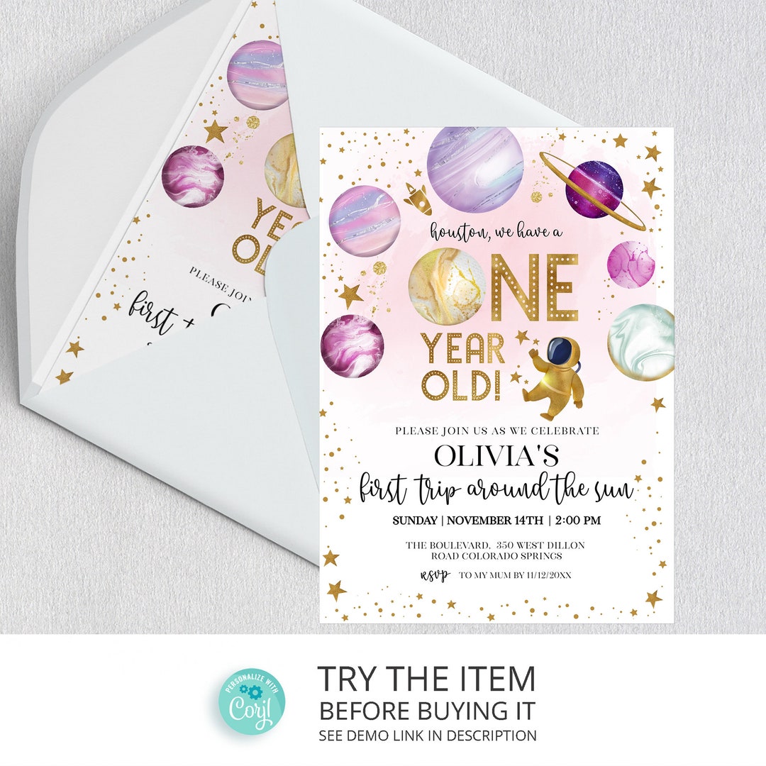 Editable Space Birthday Invitation First Trip Around the Sun Space ...