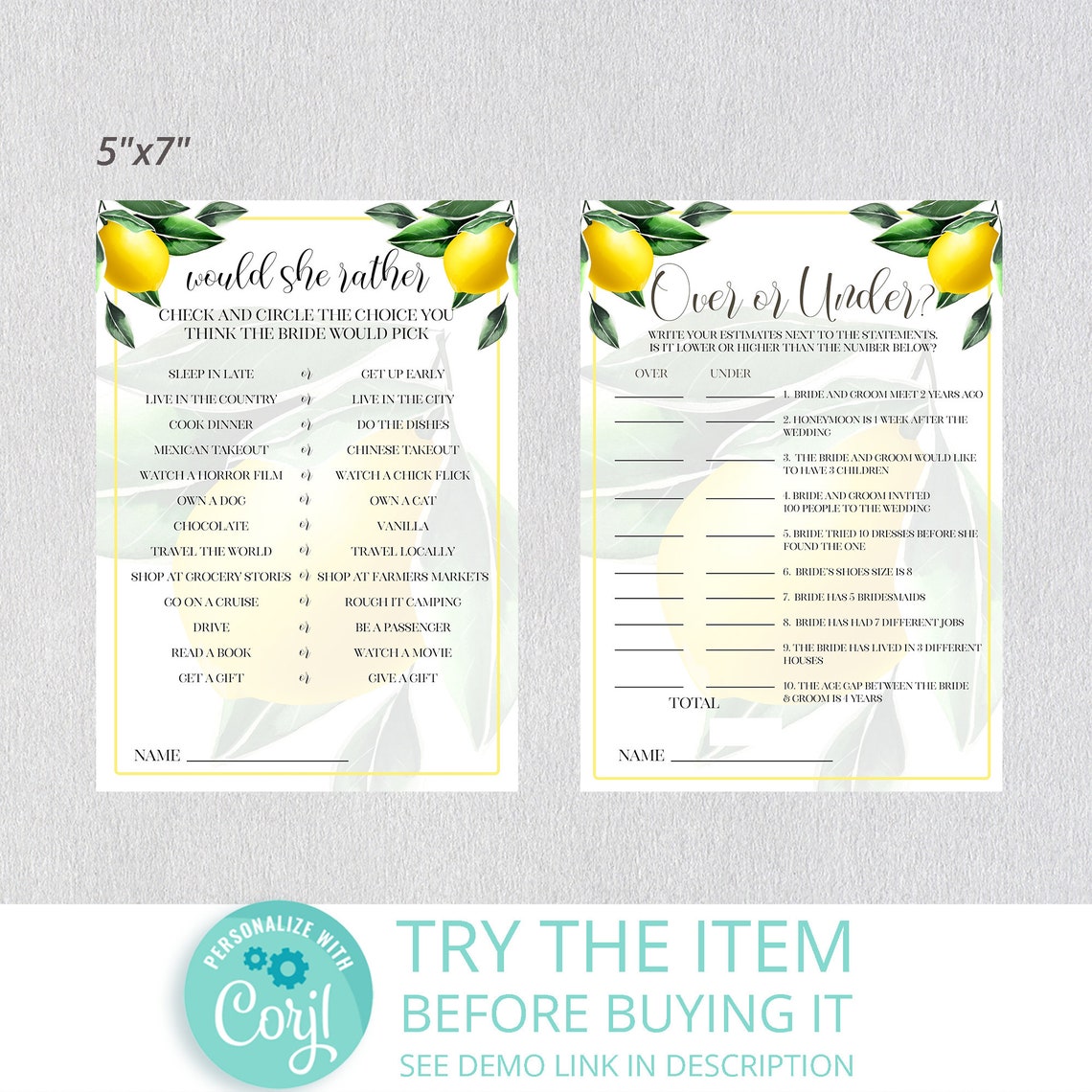 Lemon Theme Bridal Shower Games Citrus Bridal Shower Game | Etsy