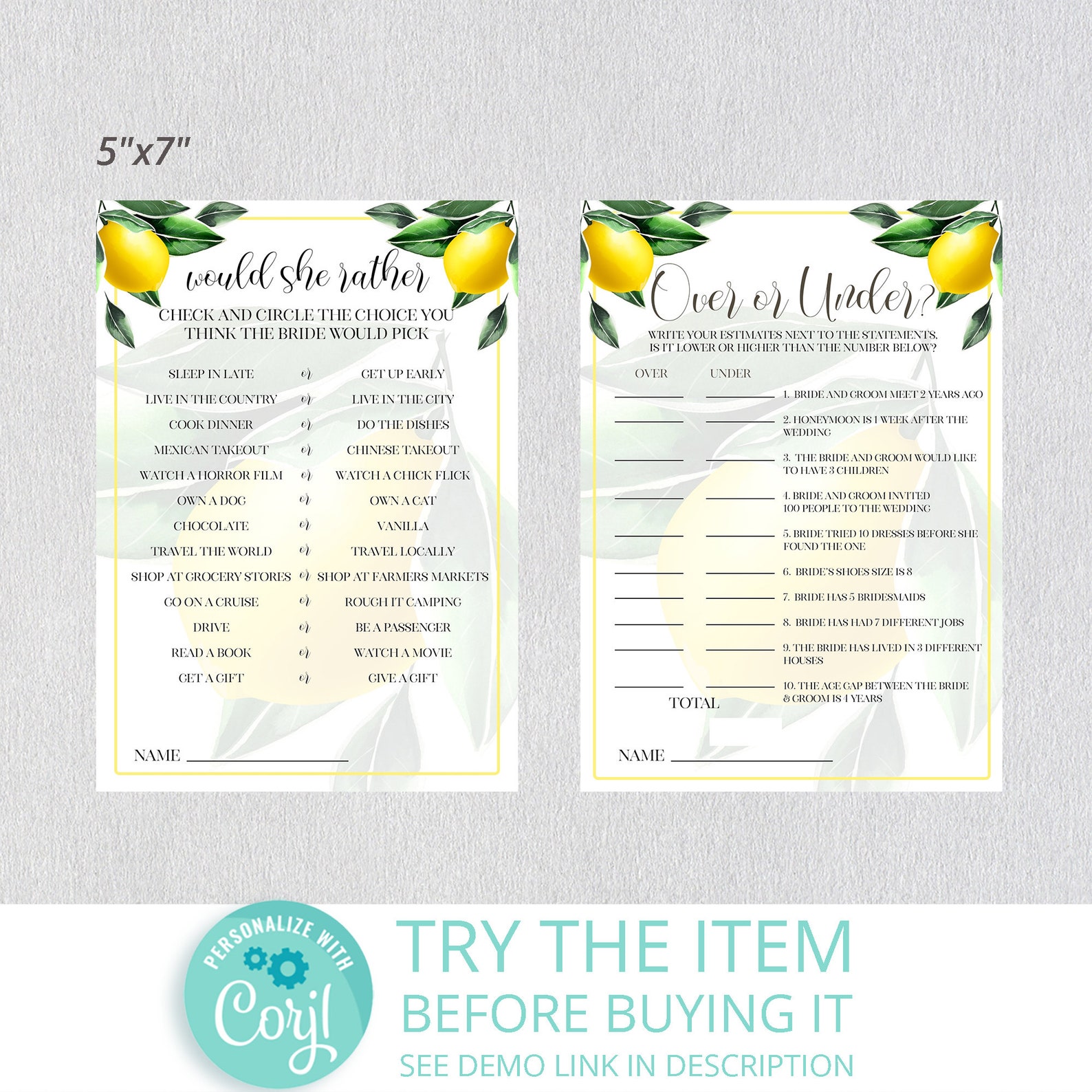 Lemon Theme Bridal Shower Games Citrus Bridal Shower Game - Etsy