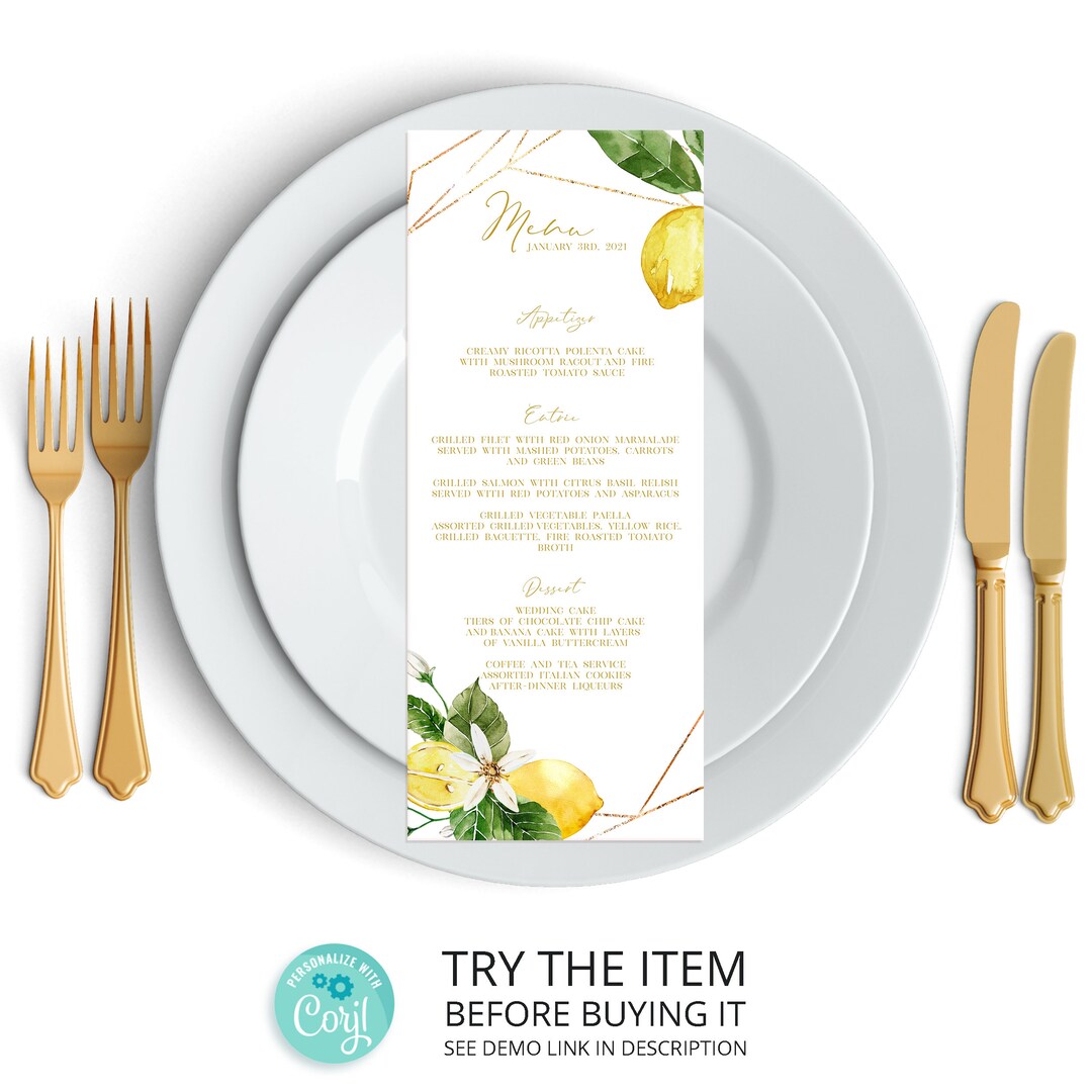 Menu Lemon Lemon Bridal Shower Menu Template Citrus Menu, Printable ...
