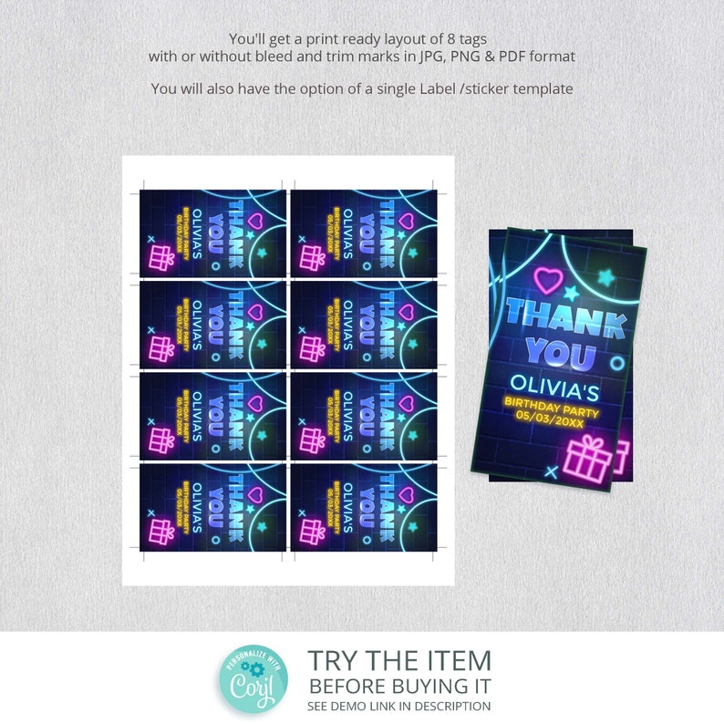 Neon Birthday Thank You Tag Template: Glow Party Favor (digital ...