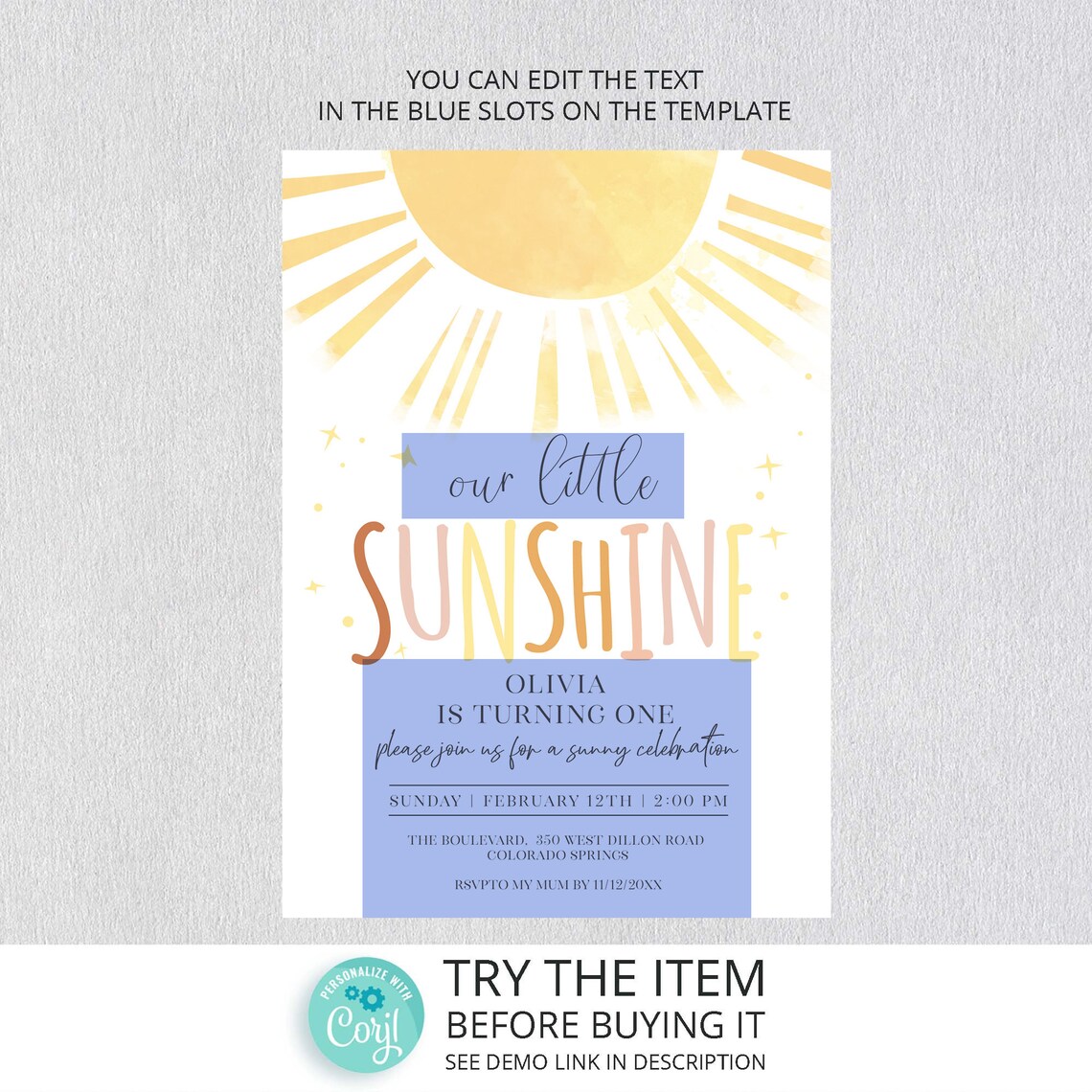Editable Sunshine Birthday Invitation Template, Our Little Sunshine ...
