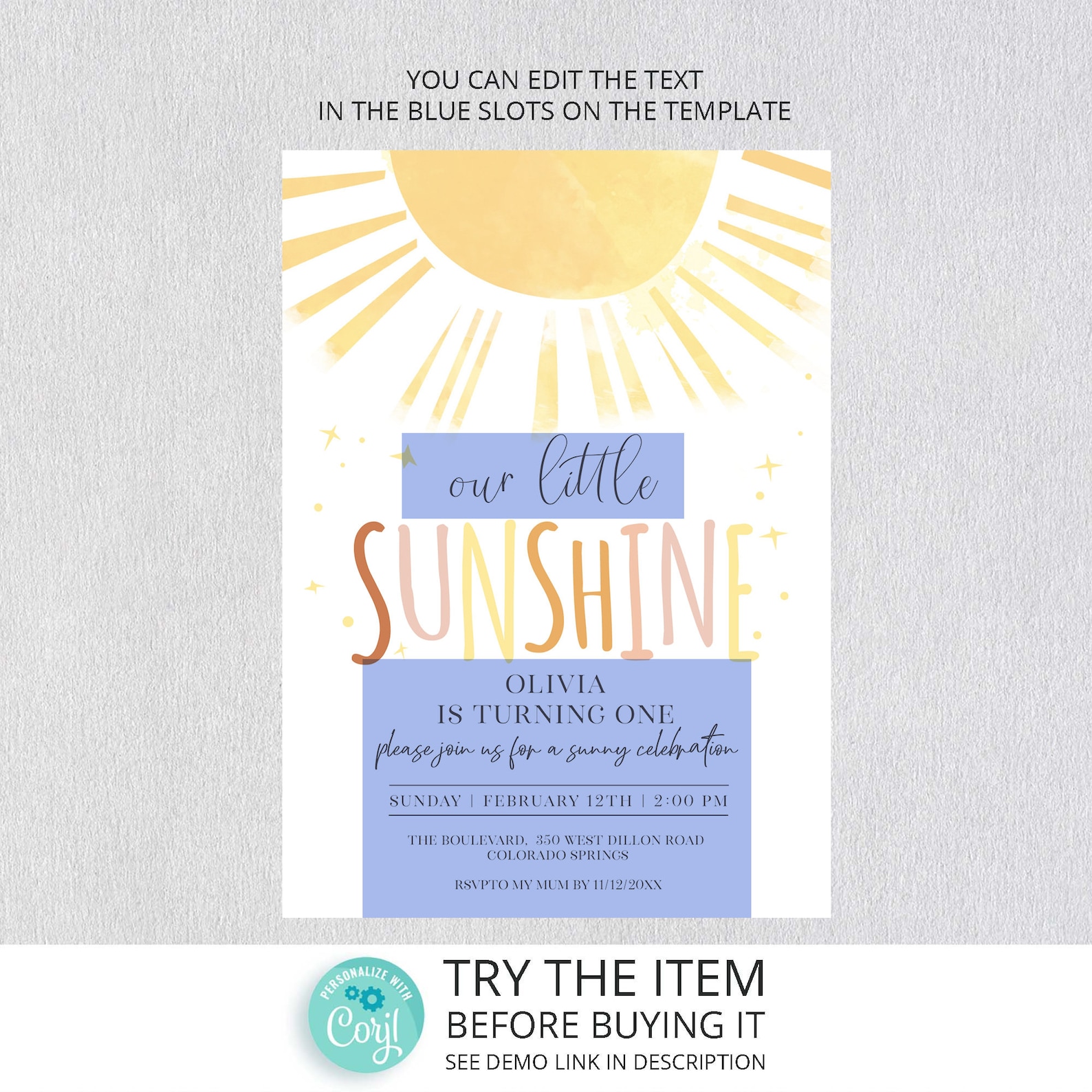 Editable Sunshine Birthday Invitation Template, Our Little Sunshine ...
