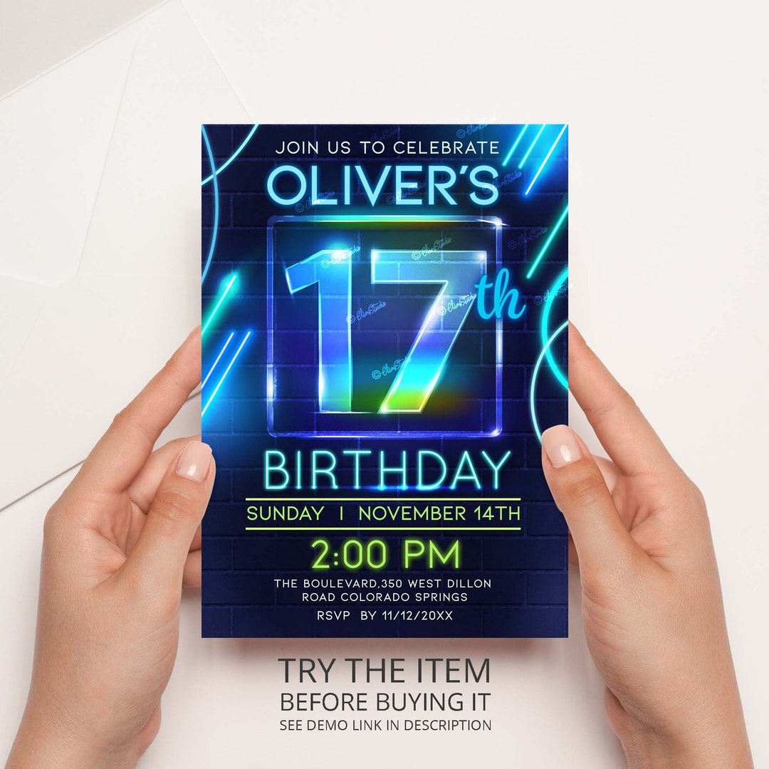 17th Birthday Boys Neon Birthday Evite Template Boy 17th Birthday ...
