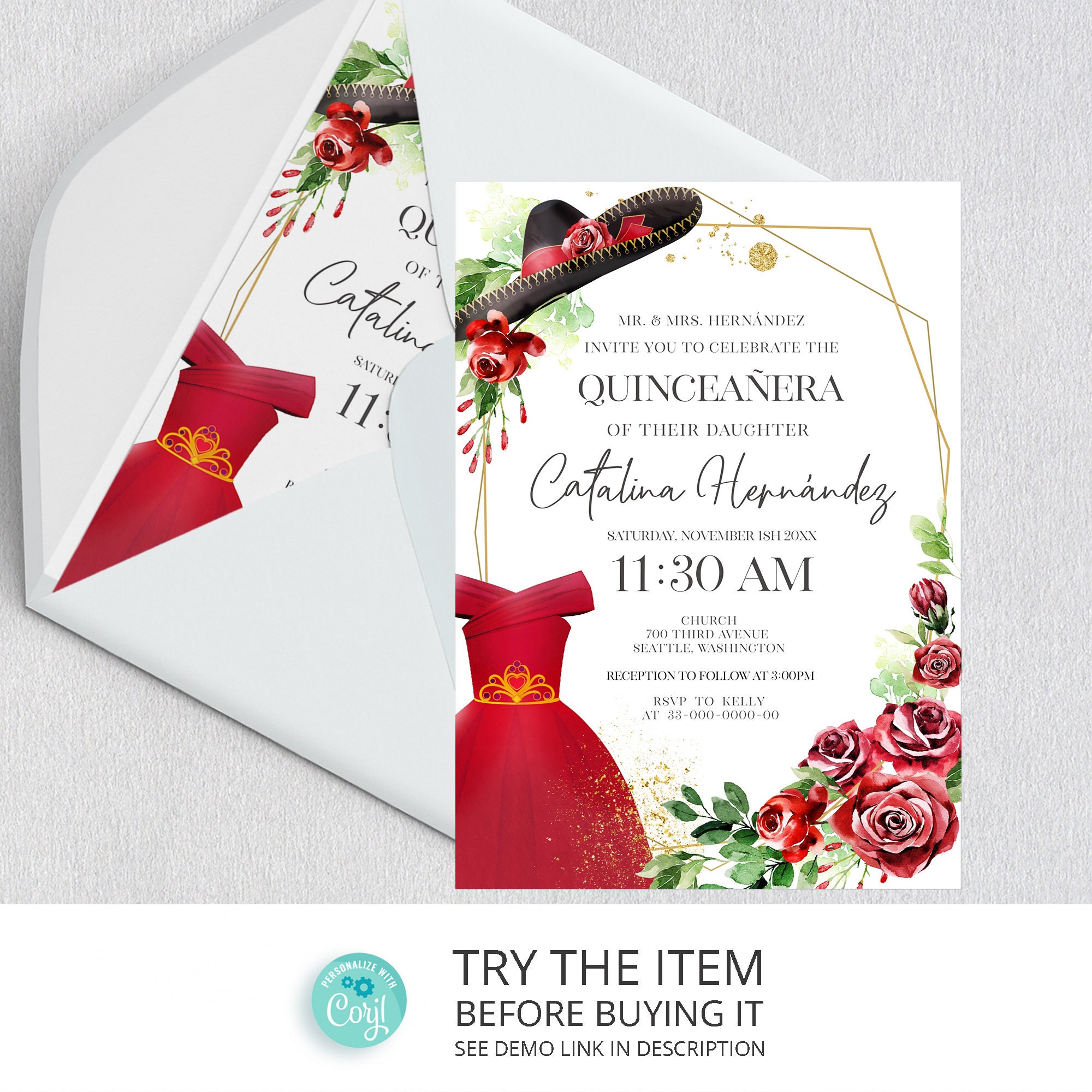 Editable Red Quinceanera Invitation Template With Gold Dress - Etsy