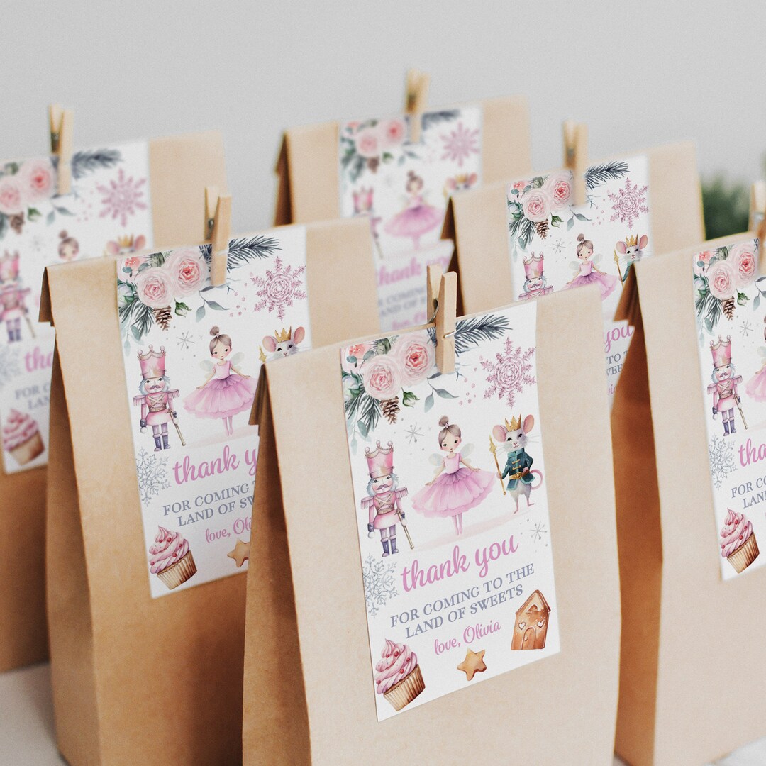 Editable Winter Birthday Nutcracker Thank You Tags, Pink Christmas ...