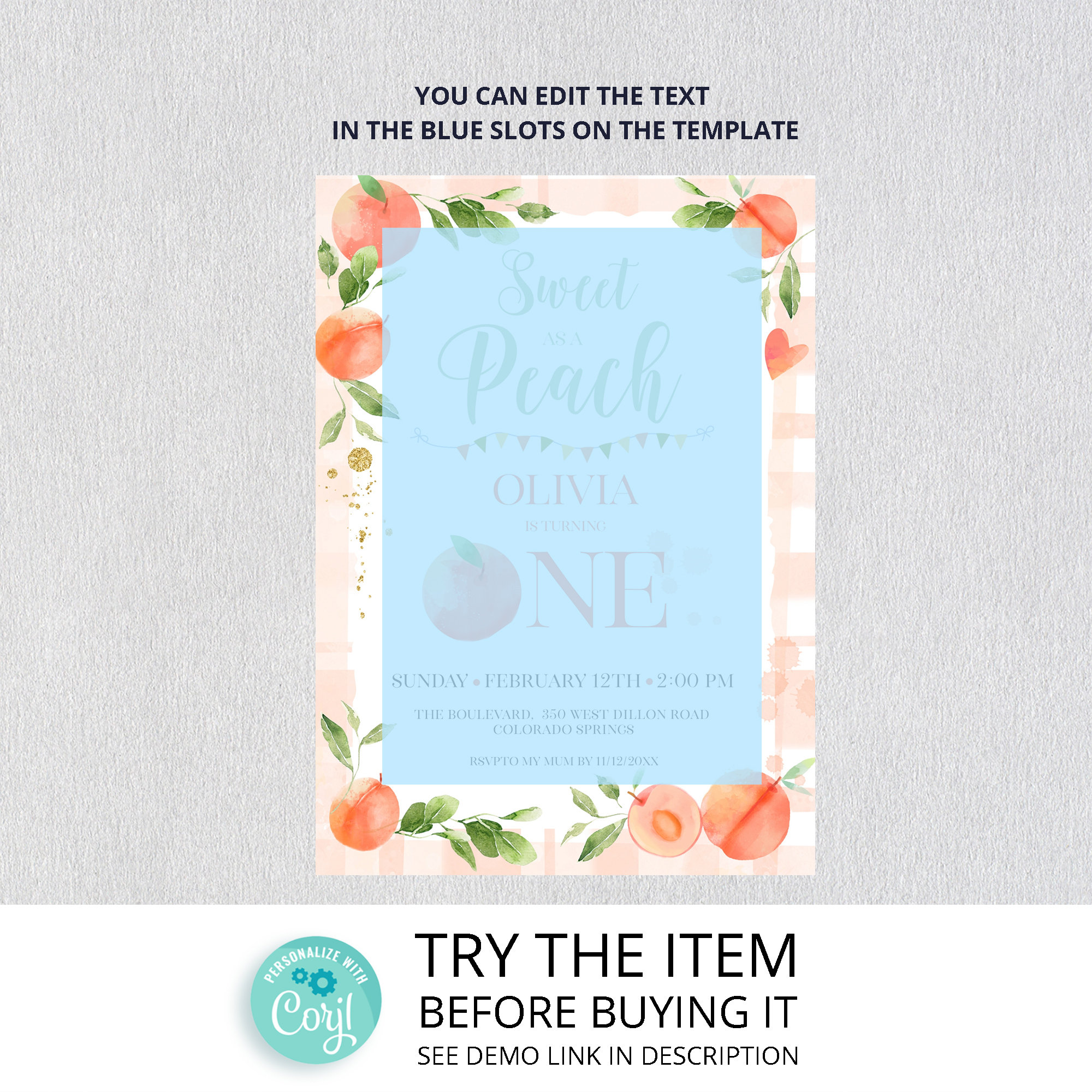 Editable Peach Birthday Invitation | 1st Birthday Girl Invitation Sweet ...