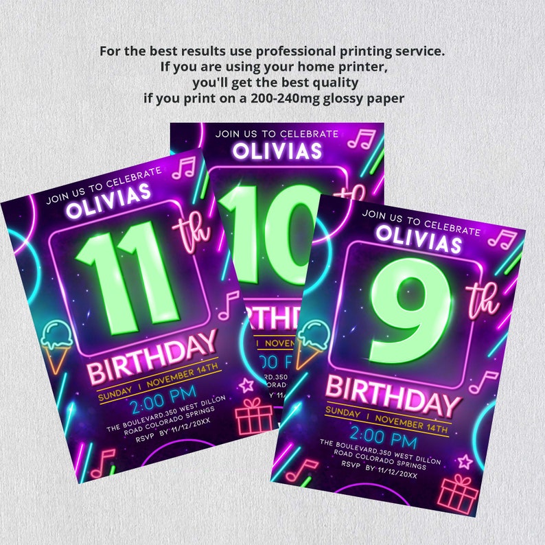 Neon Birthday Invitation Template Girl 10th Birthday Neon Glow Party ...