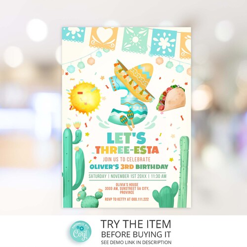 Three-esta Invitation Invite Digital Photo 3rd Fiesta Taco - Etsy