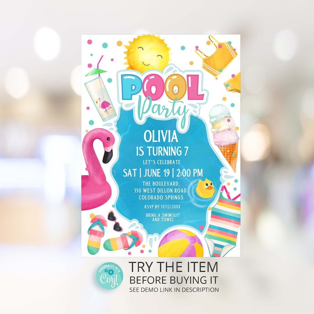 Kids Pool Party Invitation Instant Download | Girl Pool Party Birthday ...