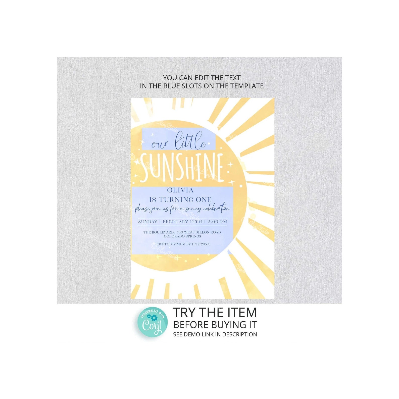 Editable Sunshine Birthday Invitation Template, Our Little Sunshine ...