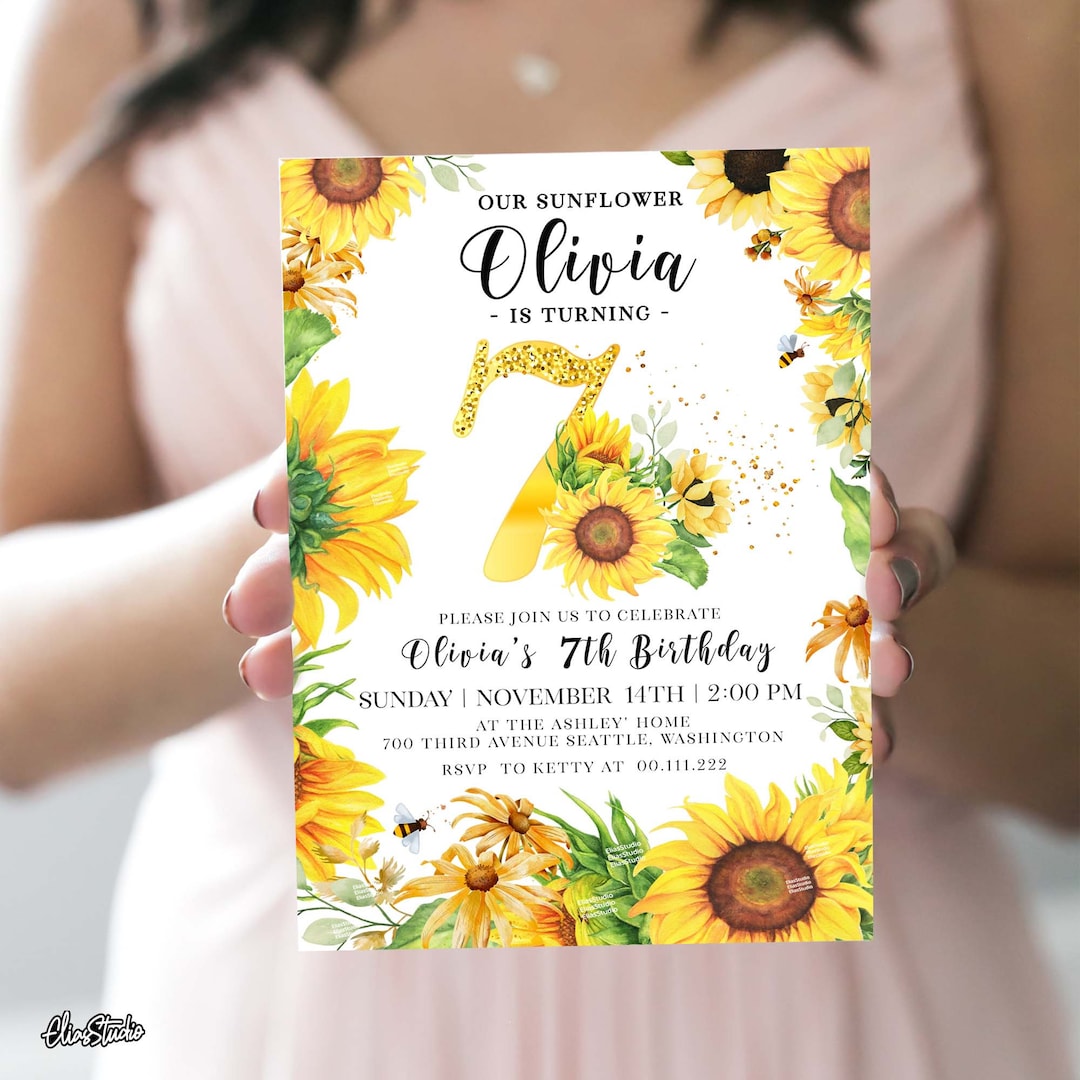 Editable Sunflower 7th Birthday Invitation, Sunflower Invite Template ...