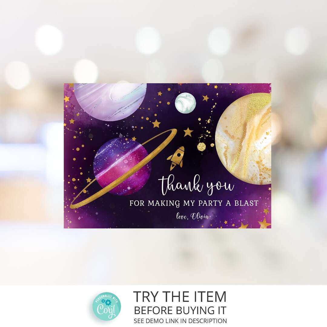 Outer Space Birthday Thank You Card Template, Printable Thank You Card ...