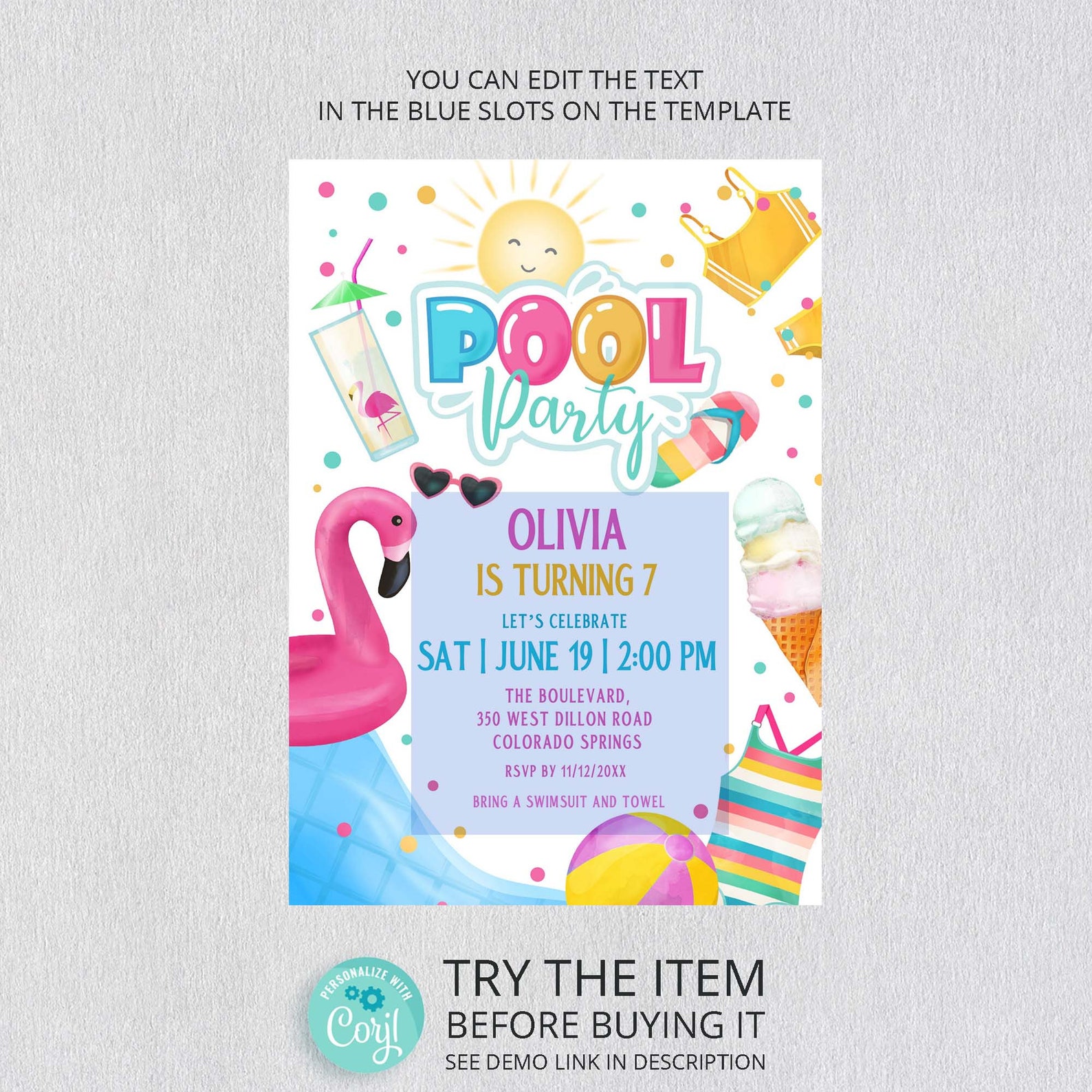 Kids Pool Party Invitation Instant Download Girl Pool Party | Etsy