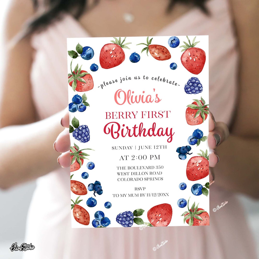 Berry First Birthday Invitation, Editable Ages Strawberry Birthday ...