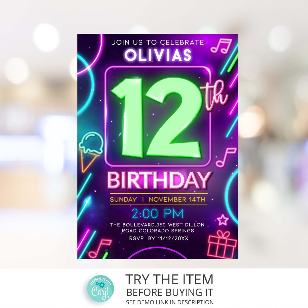 Glow Party Invitation Neon Birthday Invitation Template Party Girls ...