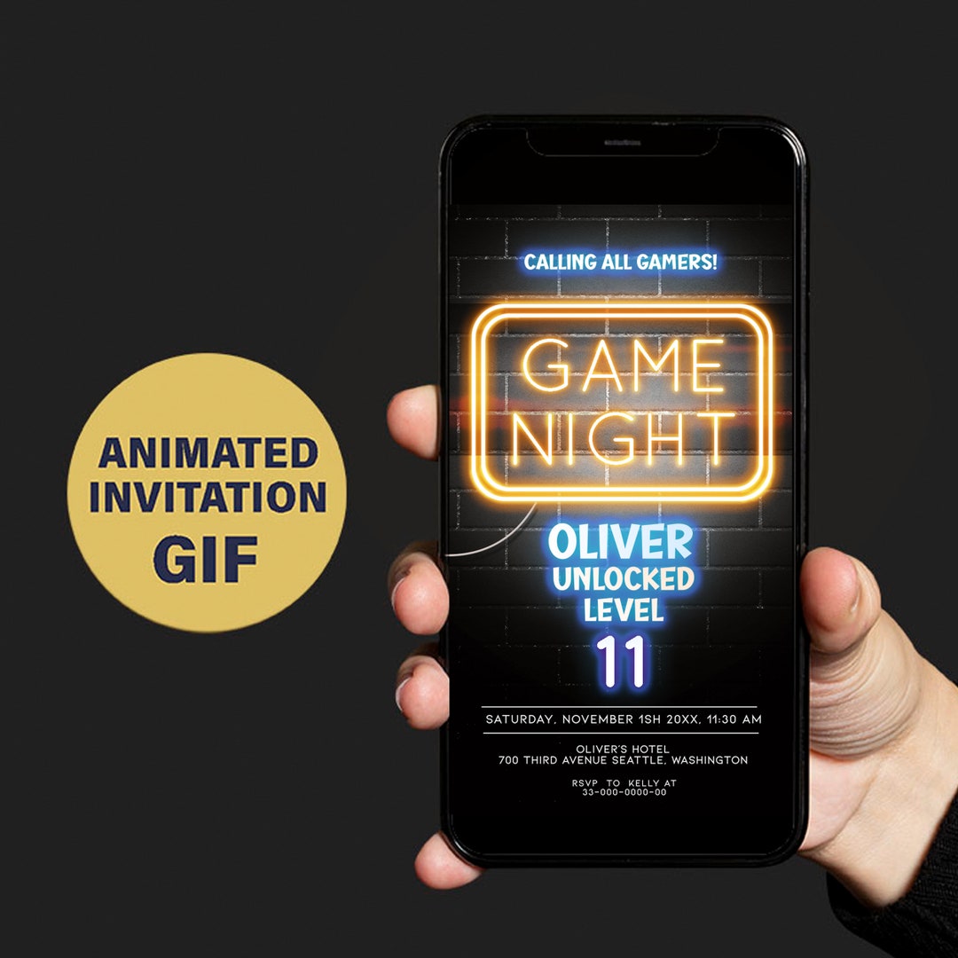 Animated Neon Birthday Invitation Game Night GIF Invitation Sleepover ...