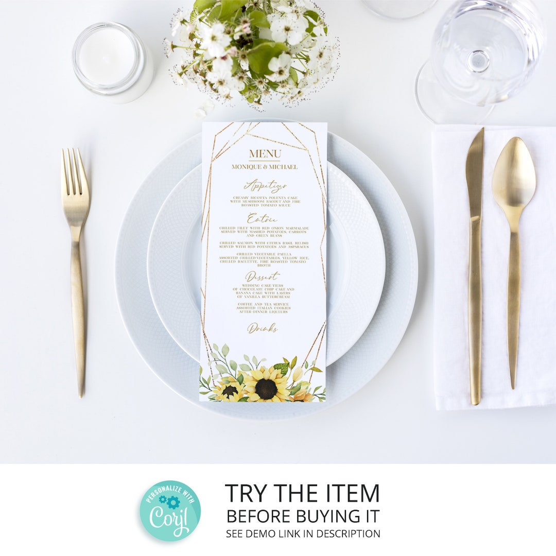 Sunflower Wedding Menu Template Sunflower Wedding Menu Cards Dinner ...