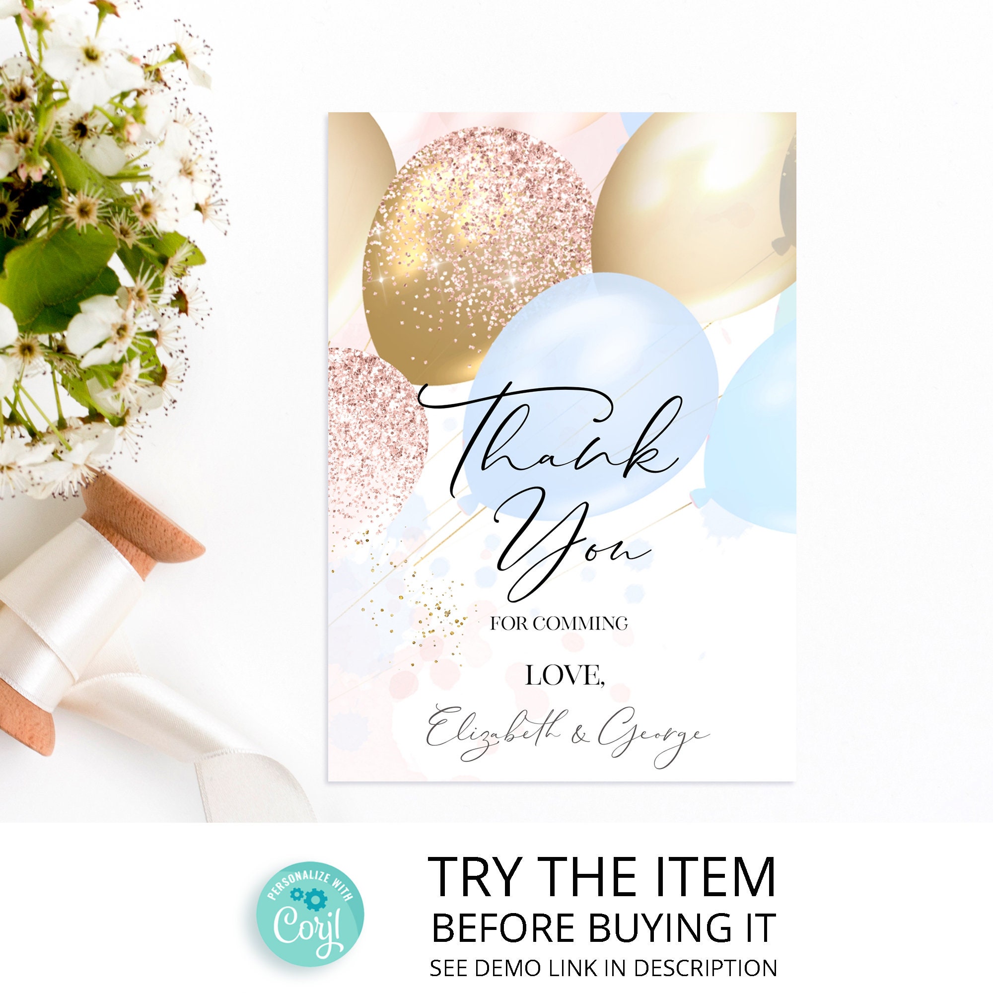 Gender Reveal Thank You Card Template with Balloons Rose Gold | Etsy