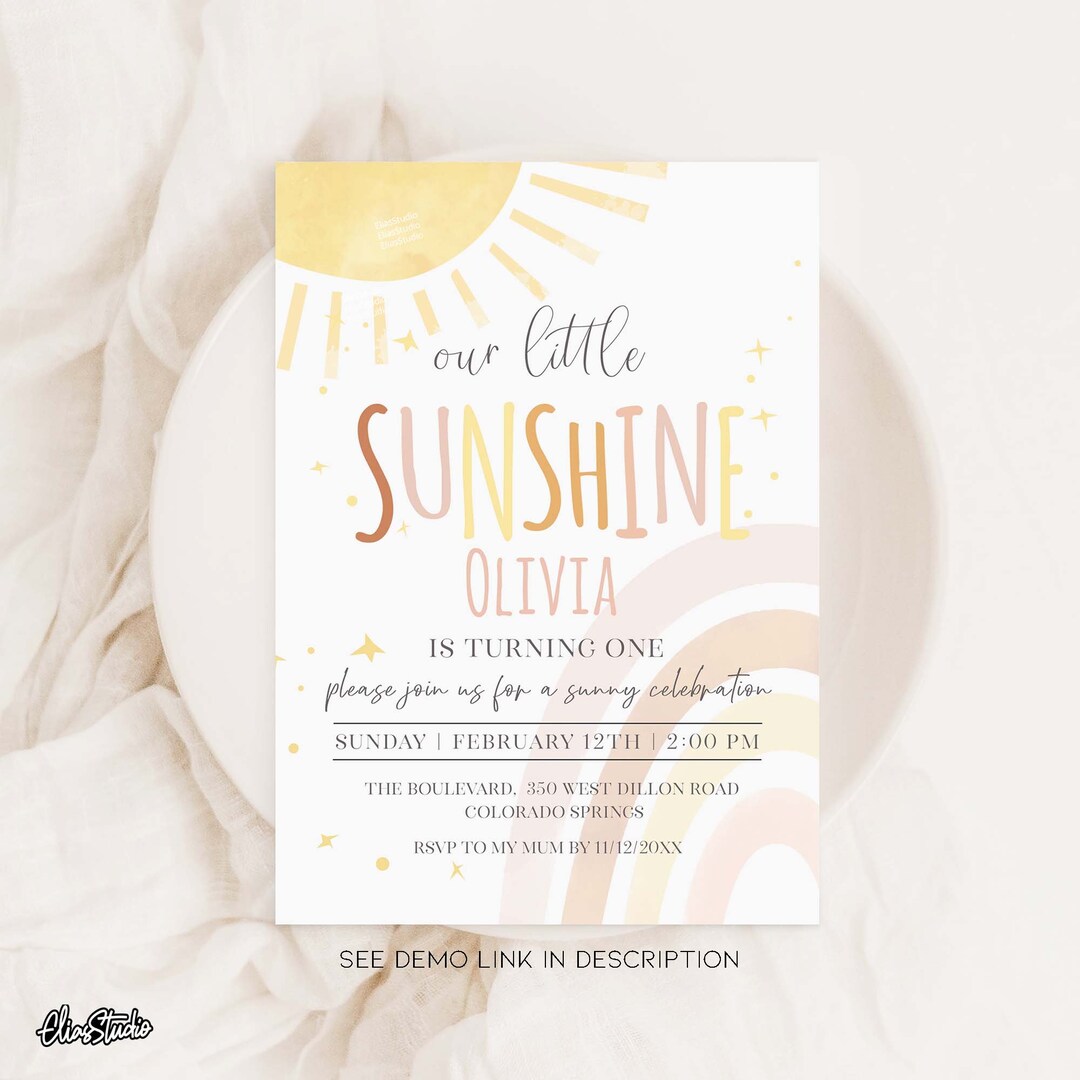 Boho Sun and Rainbow Birthday Invitation Our Little Sunshine Birthday ...