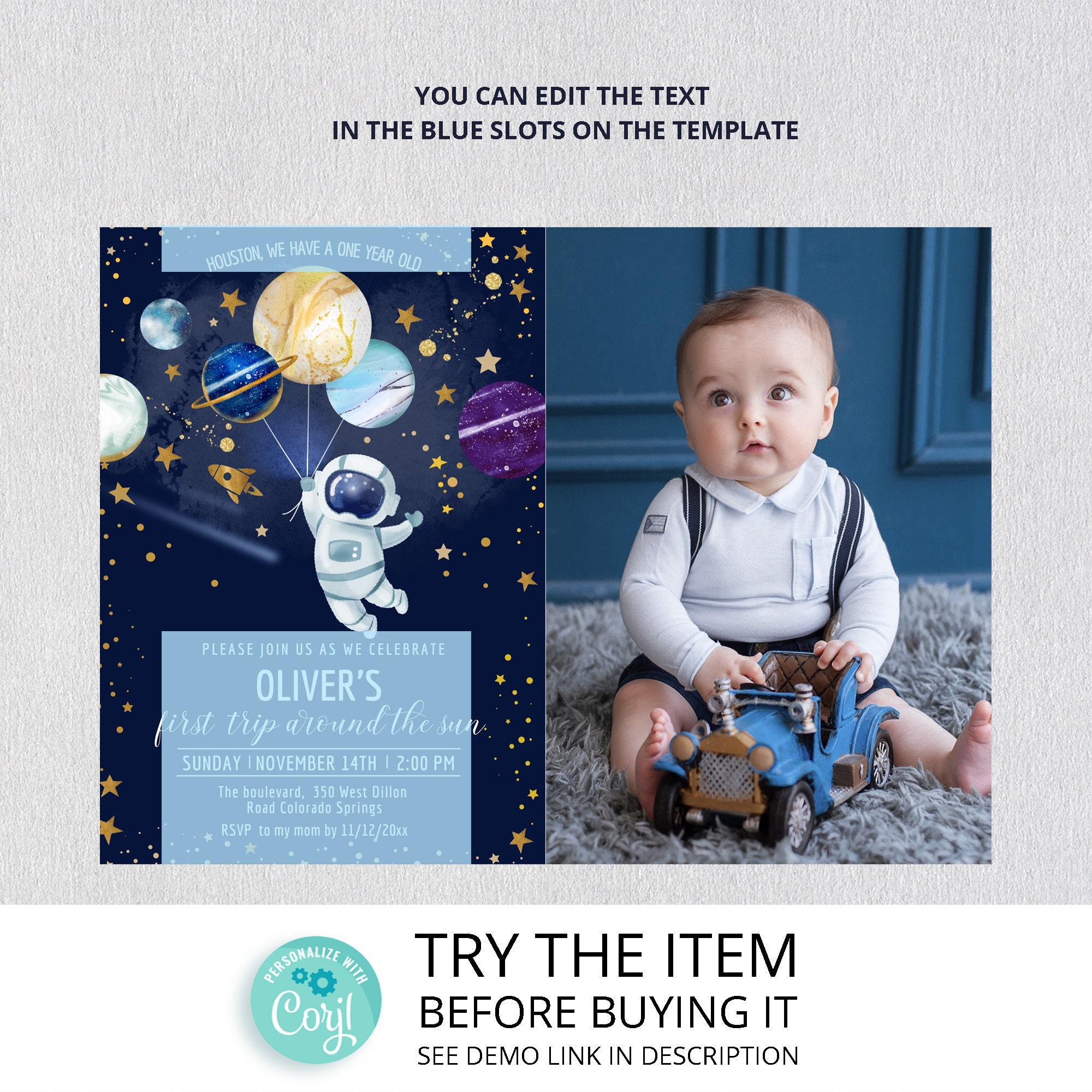 Editable Space Birthday Invitation First Trip Around The Sun Galaxy