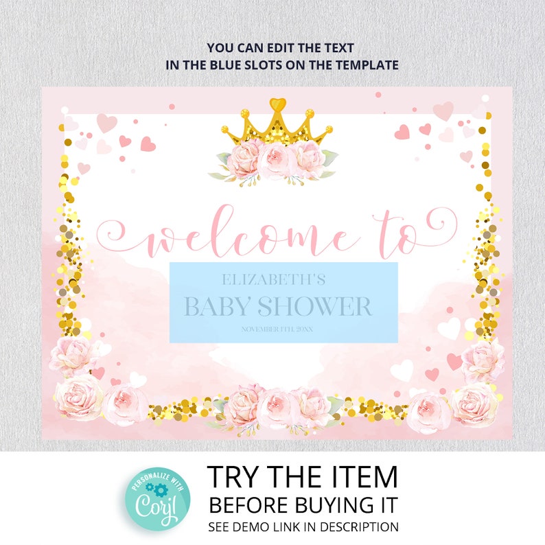 Editable Little Princess Baby Shower Welcome Sign Pink and | Etsy