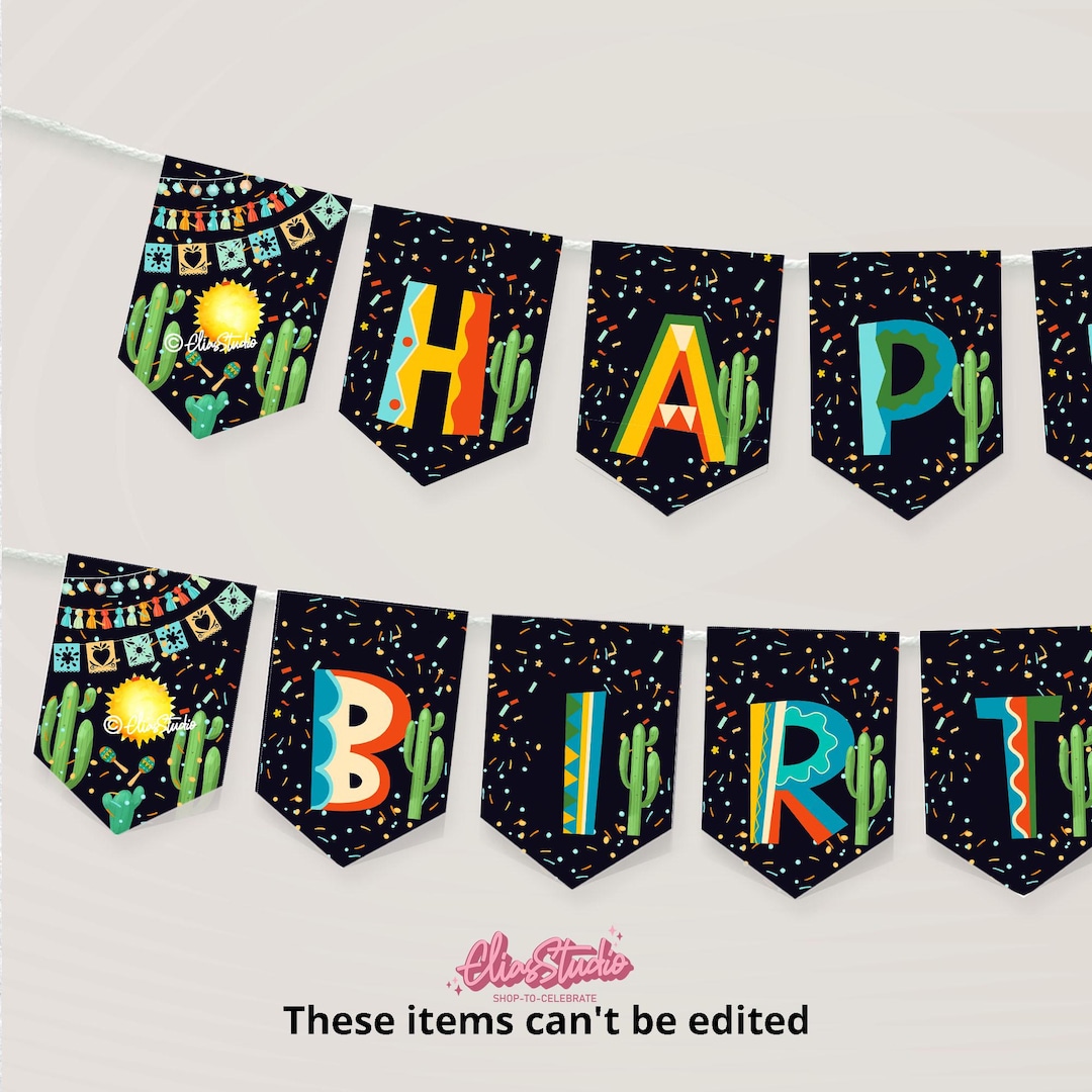 Happy Birthday Banner Printable Fiesta Birthday Party, Bunting Banner ...