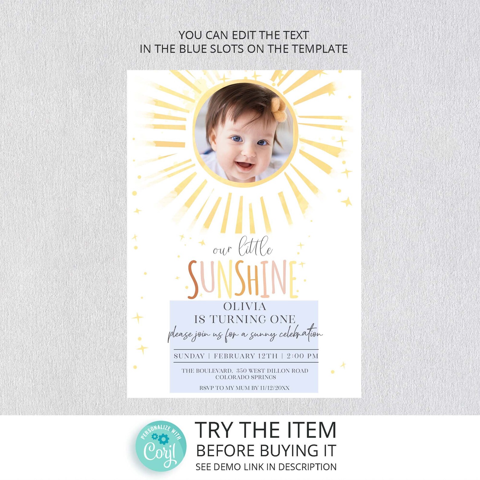 Editable Sunshine Birthday Invitation Template, Our Little Sunshine ...