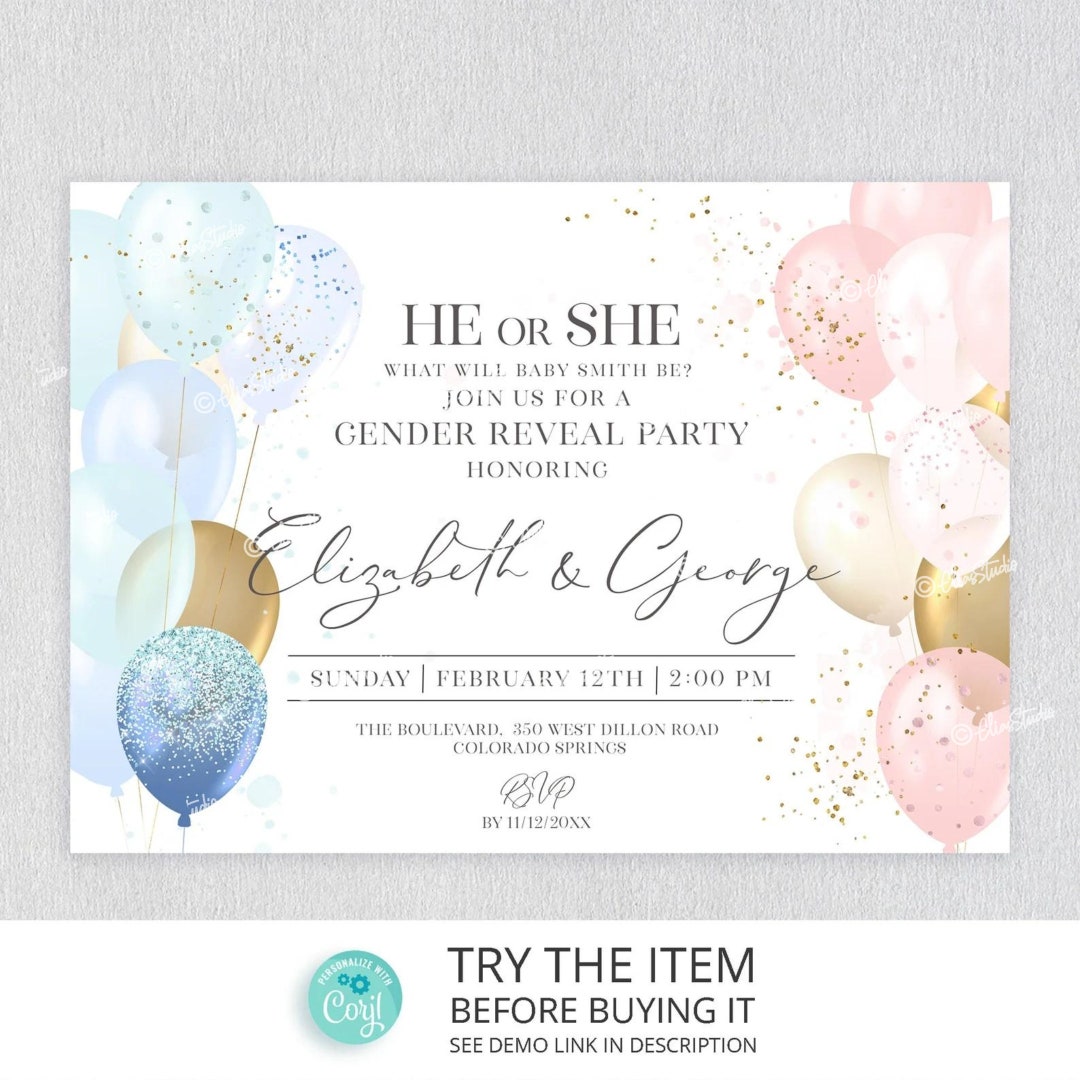 Gender Reveal Invitation With Balloons | Rose Gold and Navy Gender ...
