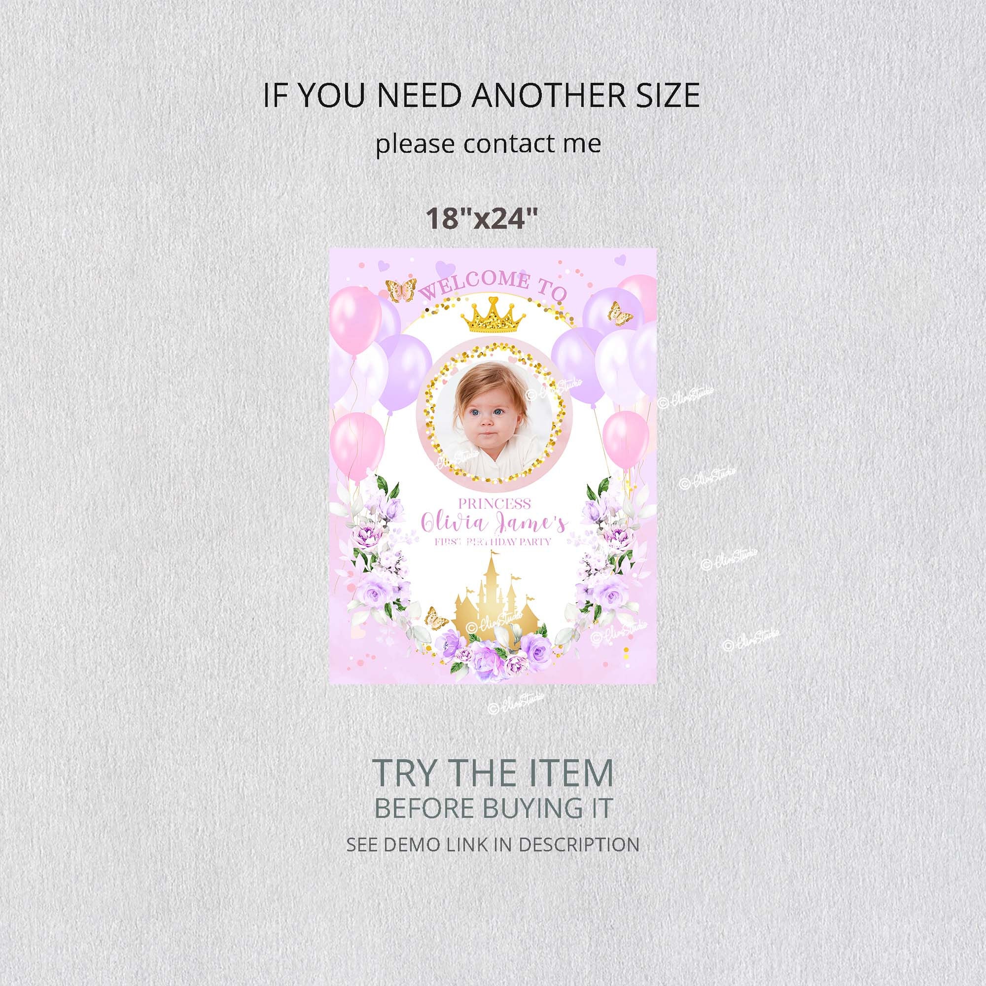 Princess Birthday Sign With Photo Purple Princess Birthday Party Sign ...