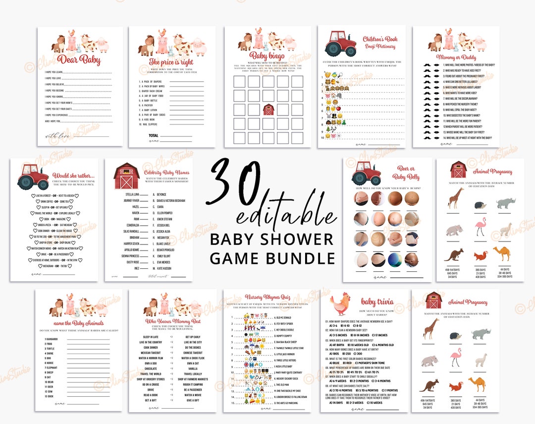 Farm Animal Baby Shower Game Bundle Baby Shower Farm Games Farm Animal ...