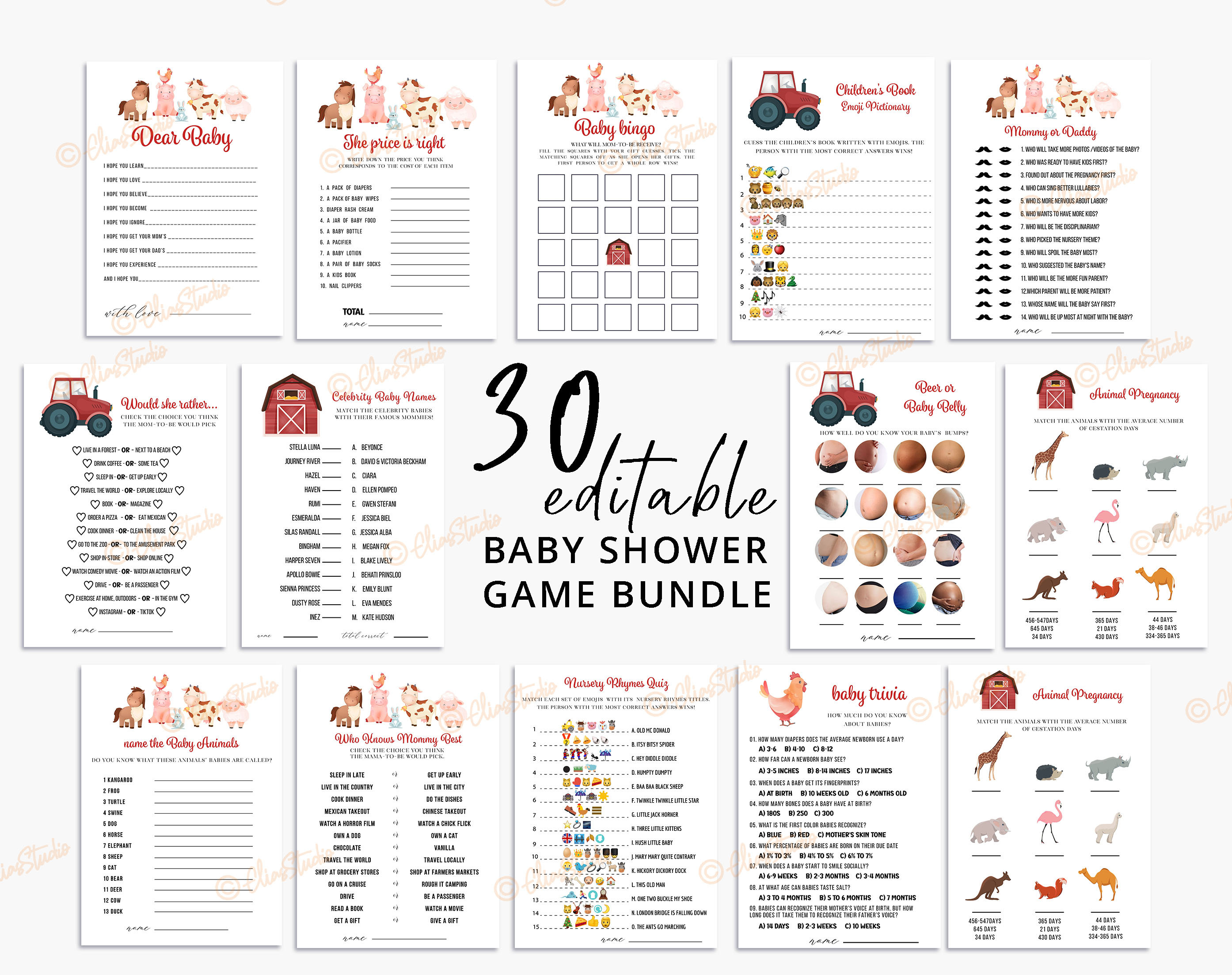 Farm Animal Baby Shower Game Bundle Baby Shower Farm Games Farm Animal ...