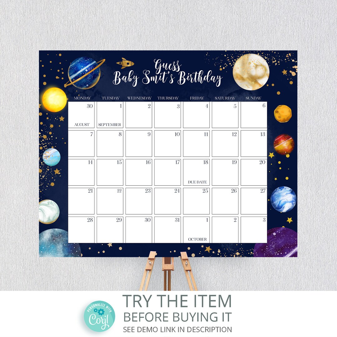 Guess the Baby Birthday Calendar Outer Space | Editable Outer Space ...