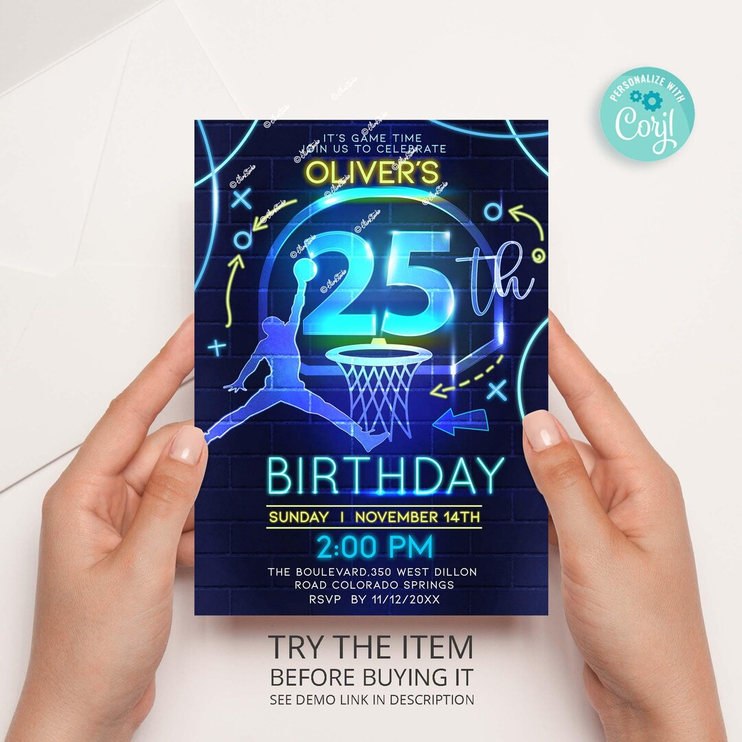 Editable Neon Basketball Invitation Template, 25th Birthday Sports ...