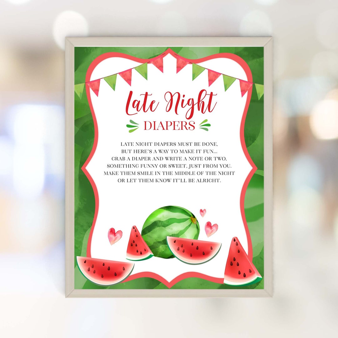 Late Night Diapers Sign Watermelon Baby Shower | Diaper Duty Table Sign ...