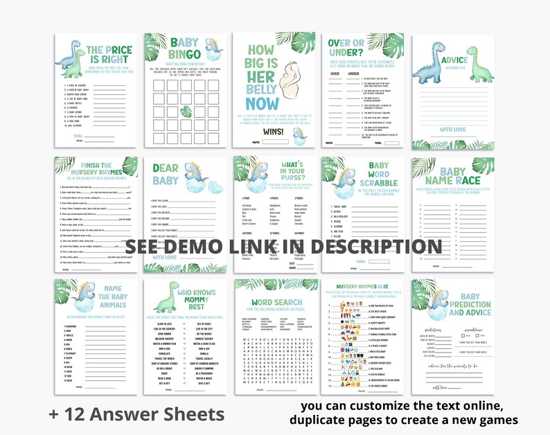 Editable Dinosaur Baby Shower Game Bundle Printable greenery - Etsy