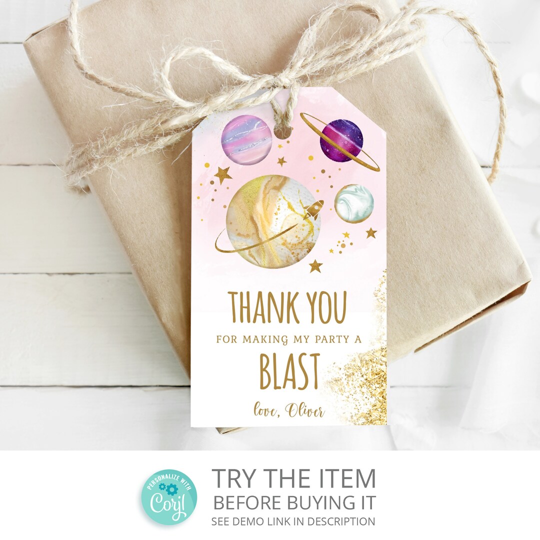 Editable Outer Space Favor Tags. Pink and Gold Space Birthday Thank You ...