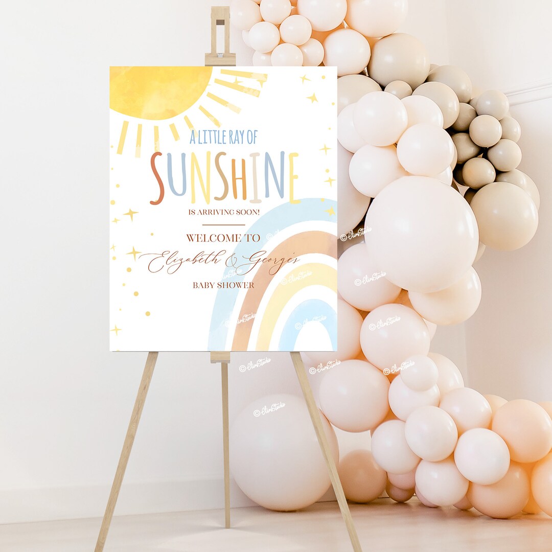 Boho Sun and Rainbow Baby Shower Boy Welcome Sign Template, A Little Ray of Sunshine Editable ...