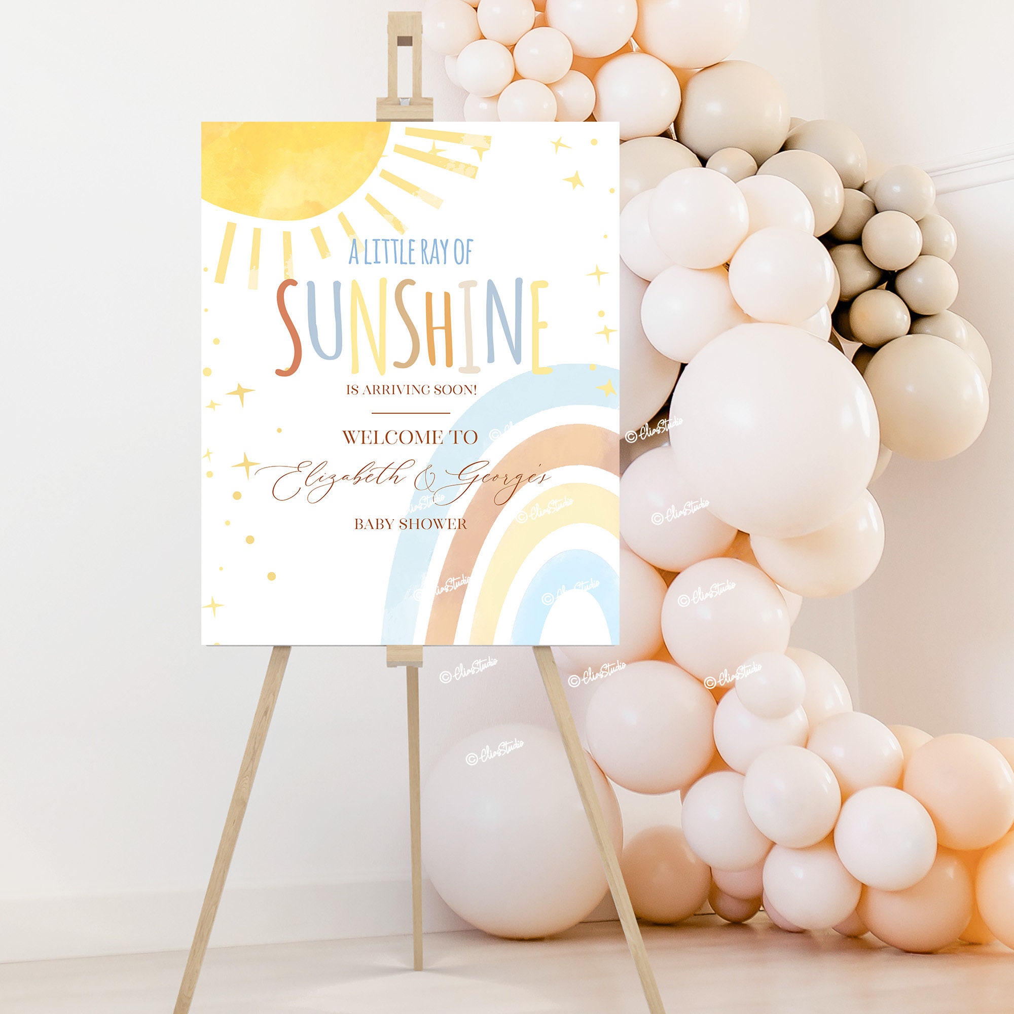 Boho Sun and Rainbow Baby Shower Boy Welcome Sign Template, A Little ...