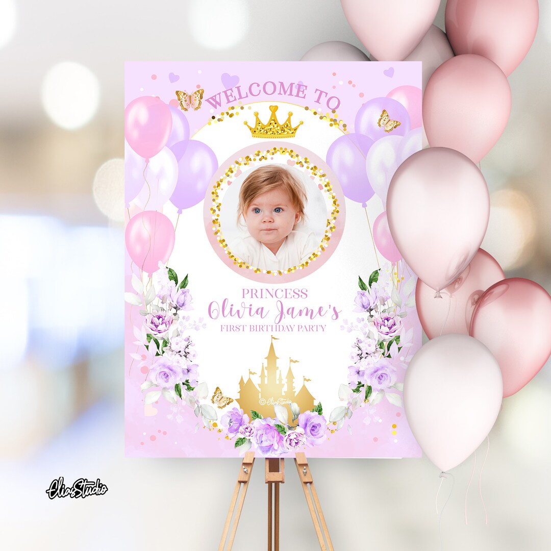 Princess Birthday Sign With Photo Purple Princess Birthday Party Sign ...
