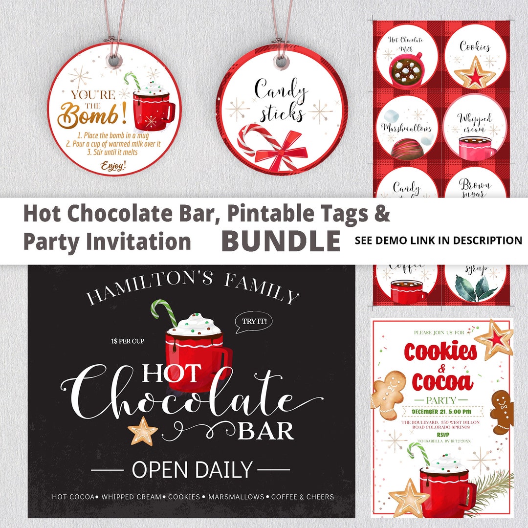 Editable Hot Chocolate Bar Sign, Pintable Tags & Party Invitation ...