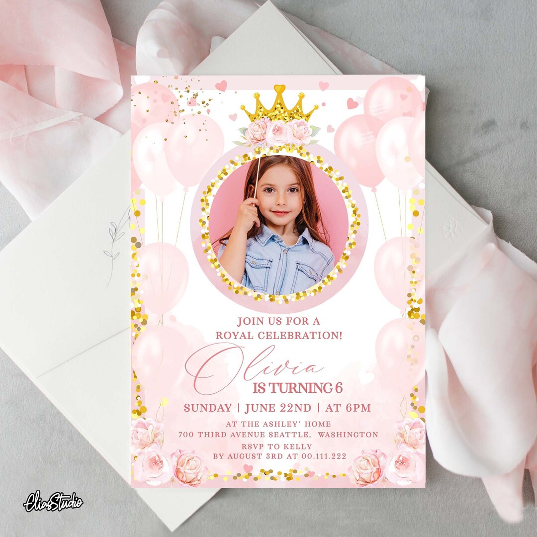 Pink and Gold Princess Birthday Invitation Template With Photo, Evite ...