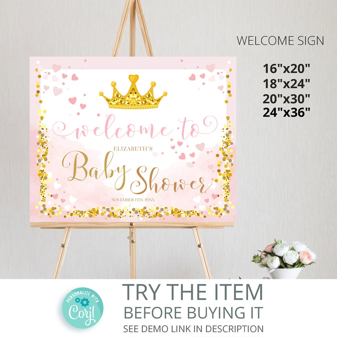 Editable Little Princess Baby Shower Welcome Sign | Pink and Gold ...
