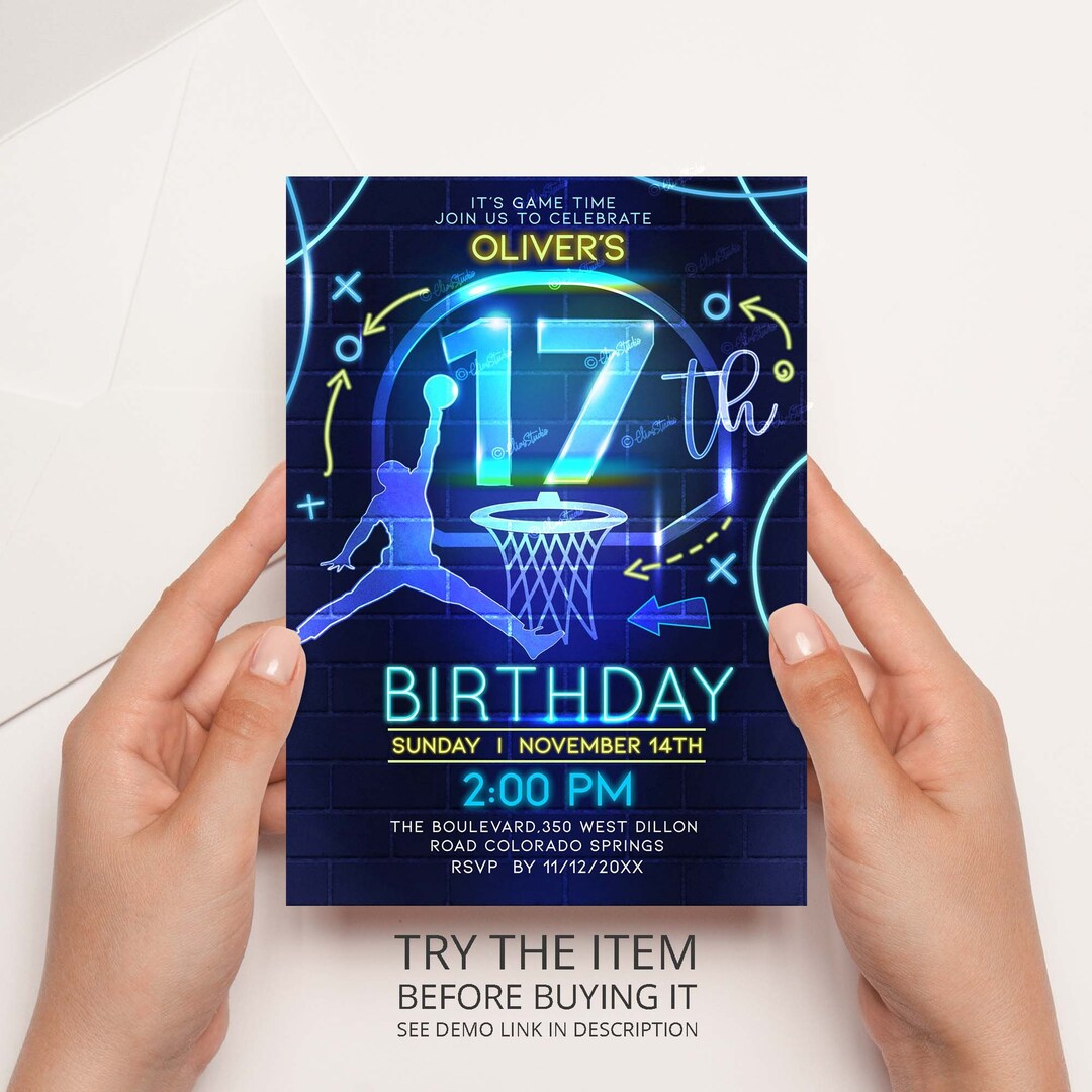 Editable Neon Basketball Invitation Template, 17th Birthday Sports ...